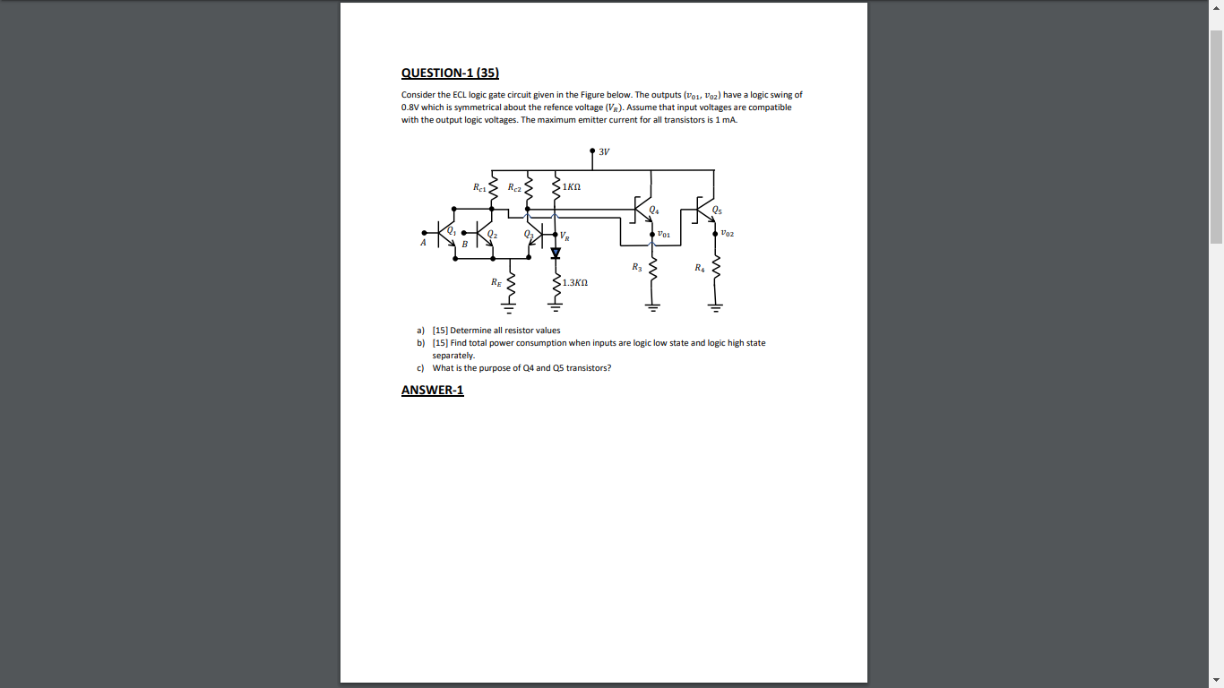 Question 1 35 Consider The Ecl Logic Gate Circuit