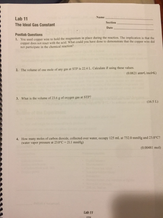 Solved Name Lab 11 The Ideal Gas Constant Section Date | Chegg.com