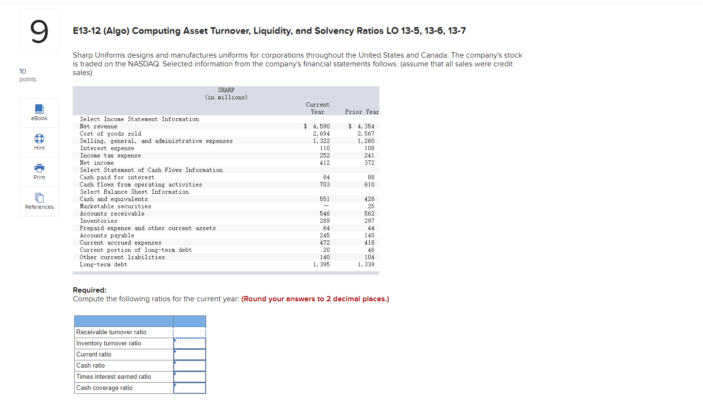 Solved E13-12 (Algo) Computing Asset Turnover, Liquidity, | Chegg.com