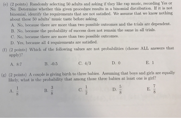 Solved (e) (2 points) Randomly selecting 50 adults and | Chegg.com