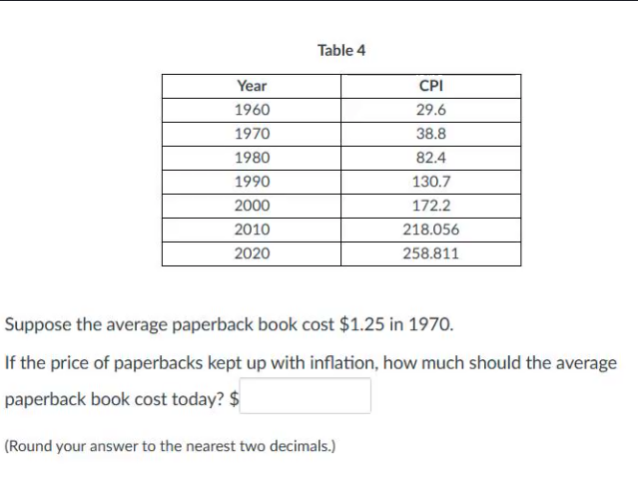 Solved Table 4 Suppose the average paperback book cost $1.25 | Chegg.com