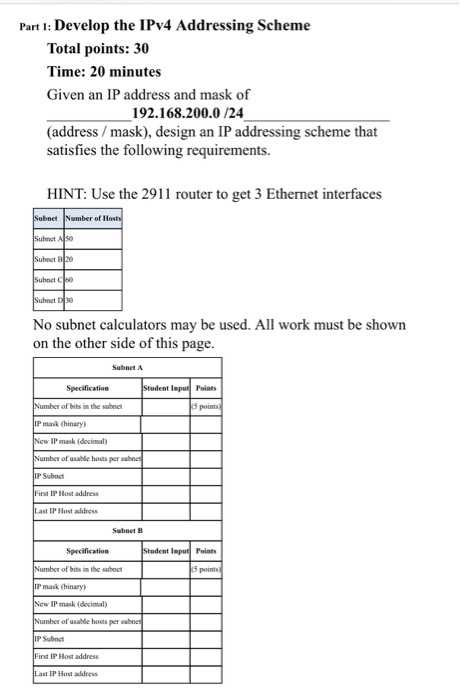 Part 1: Develop the IPv4 Addressing Scheme Total | Chegg.com