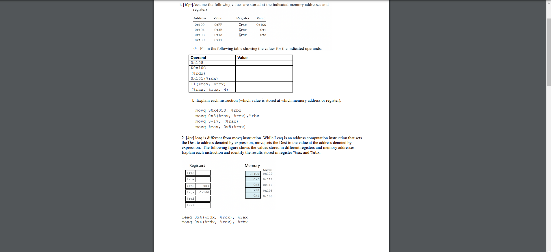 Solved 1. [10pt] Assume the following values are stored at | Chegg.com