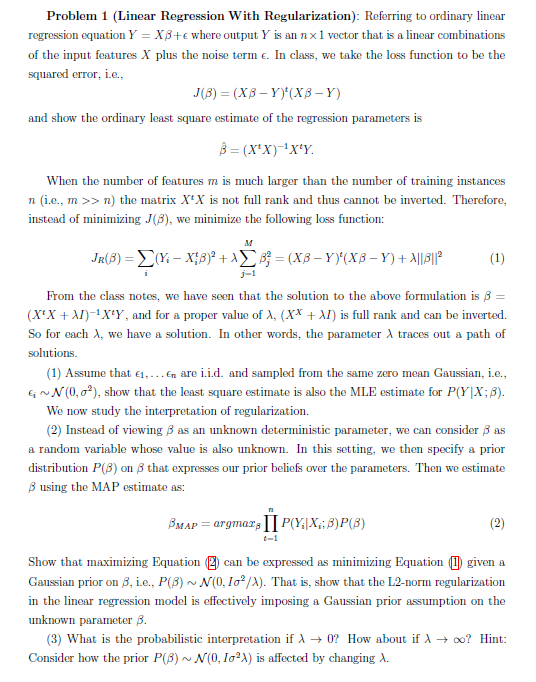 Problem 1 (Linear Regression With Regularization): | Chegg.com