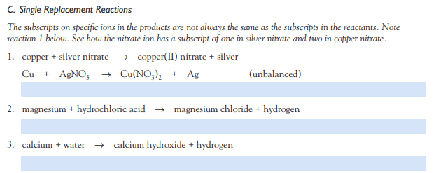 Solved C. Single Replacement Reactions The subscripts on | Chegg.com