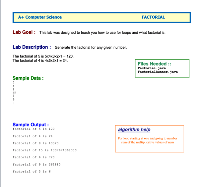 Solved A+ Computer Science FACTORIAL Lab Goal : This lab was | Chegg.com