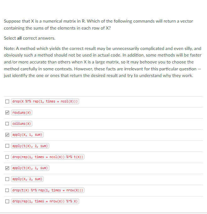 Solved Suppose that X is a numerical matrix in R. Which of | Chegg.com