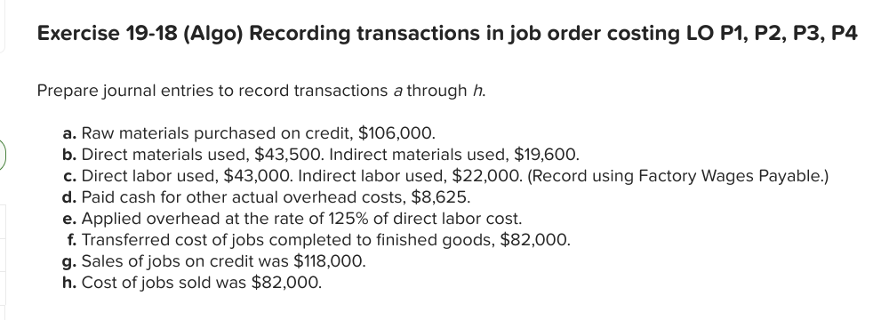 Solved Exercise 19-18 (Algo) Recording transactions in job | Chegg.com