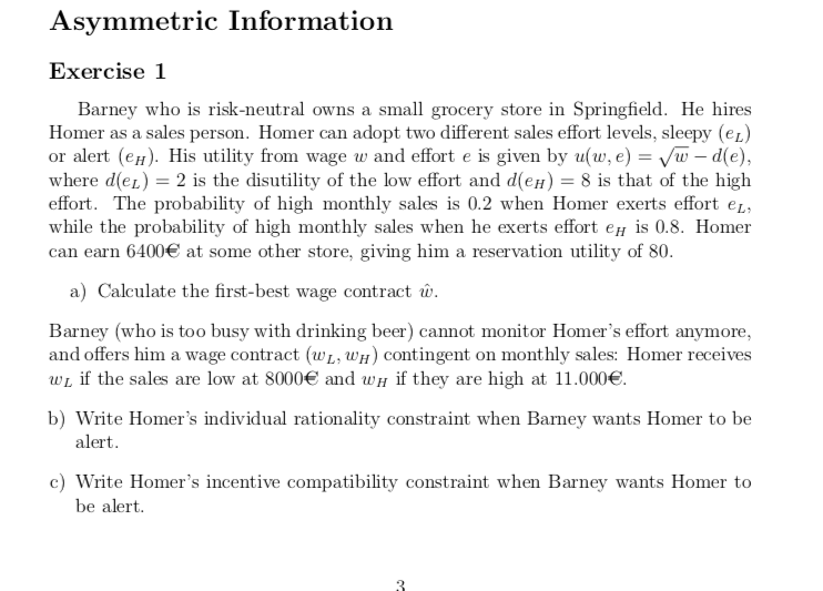 Asymmetric Information Exercise 1 Barney who is | Chegg.com