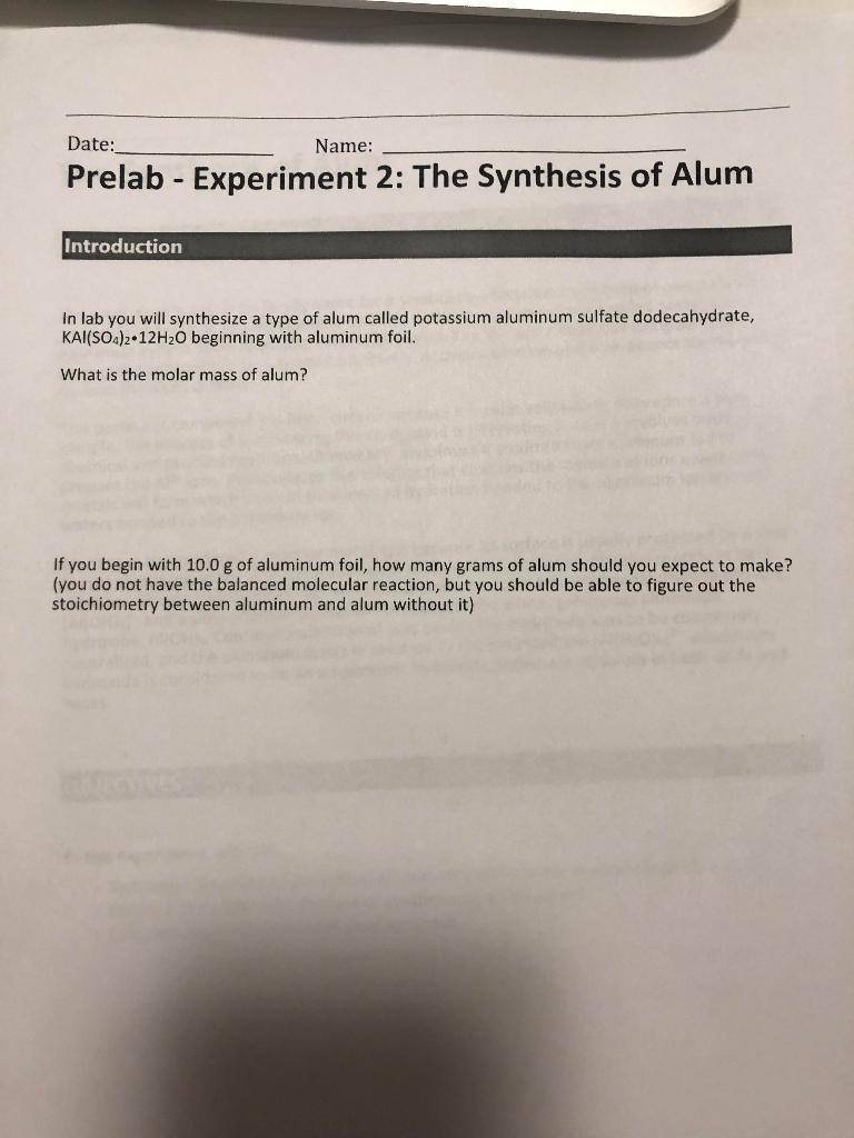 Solved Date: Name: Prelab - Experiment 2: The Synthesis of | Chegg.com