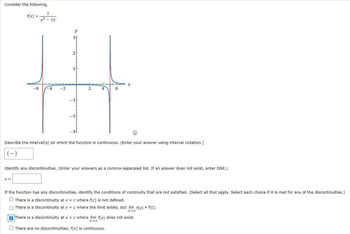 Solved Consider the following.f(x)=1x2-25Describe the | Chegg.com