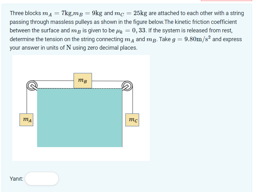Solved Three blocks mA=7kg,mB=9kg ﻿and mC=25kg ﻿are attached | Chegg.com