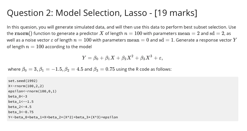 Question 2: Model Selection, Lasso - [19 marks] In | Chegg.com