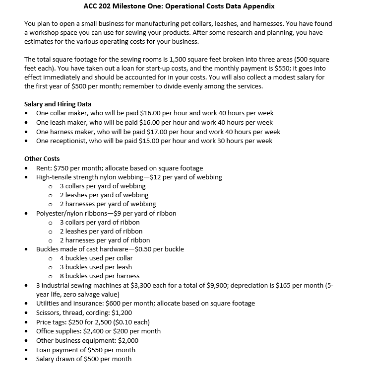 ACC 202 Milestone One: Operational Costs Data | Chegg.com