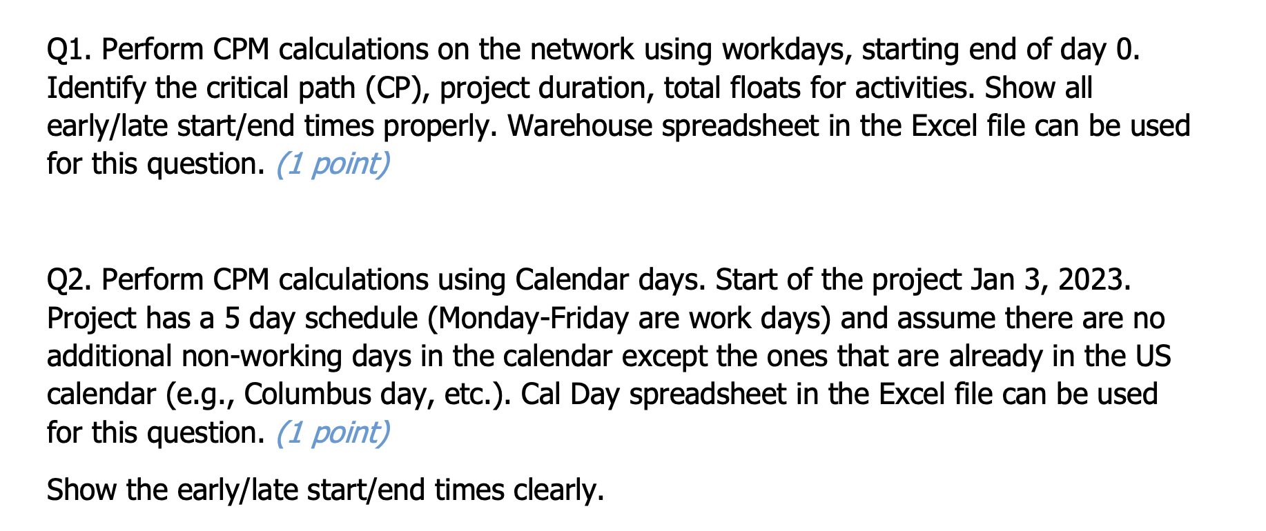 Solved Q1. Perform CPM calculations on the network using | Chegg.com