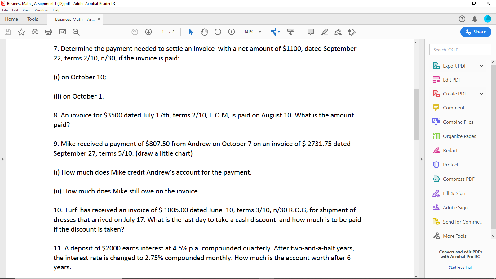 Solved Business Math_Assignment 1 (T2).pdf - File Viewer | Chegg.com