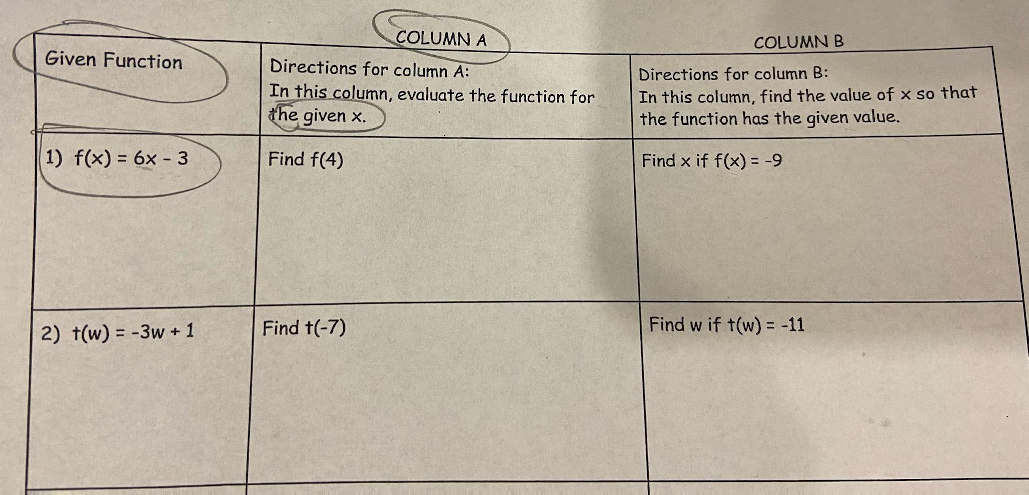 Solved COLUMN A COLUMN B Given Function Directions for | Chegg.com