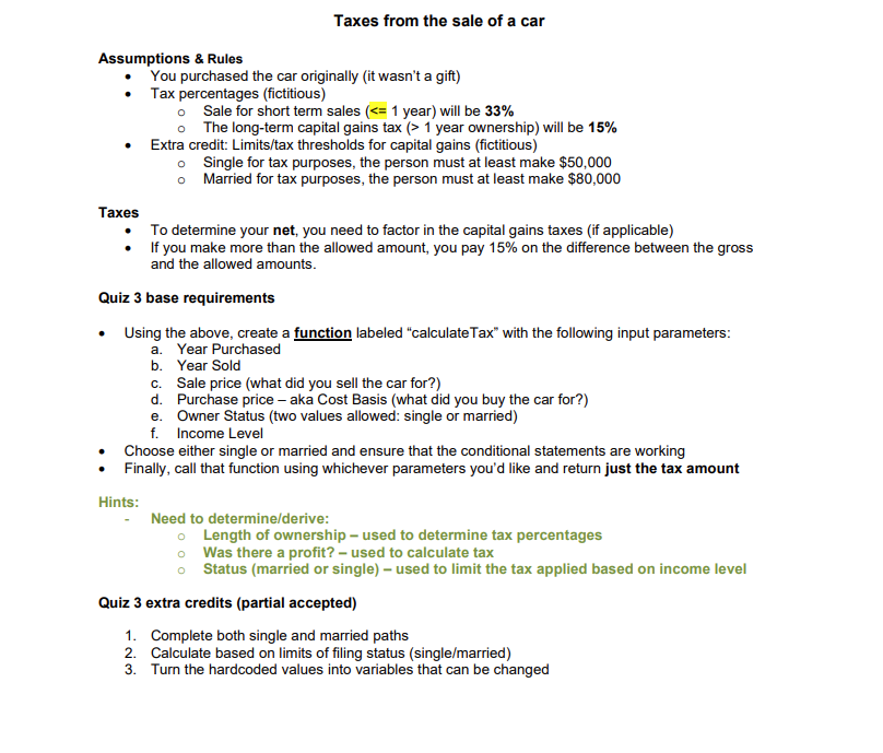 Solved Taxes from the sale of a car Assumptions \& Rules - | Chegg.com
