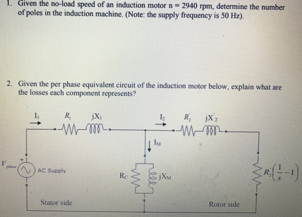 Solved I. Given the no-load speed of an induction motor n = | Chegg.com