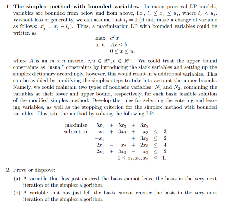 Solved 1. The simplex method with bounded variables. In many | Chegg.com