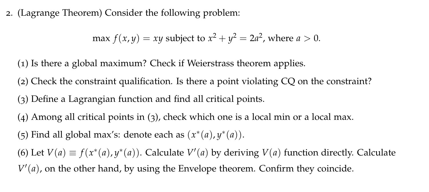 2. (Lagrange Theorem) Consider the following problem: | Chegg.com