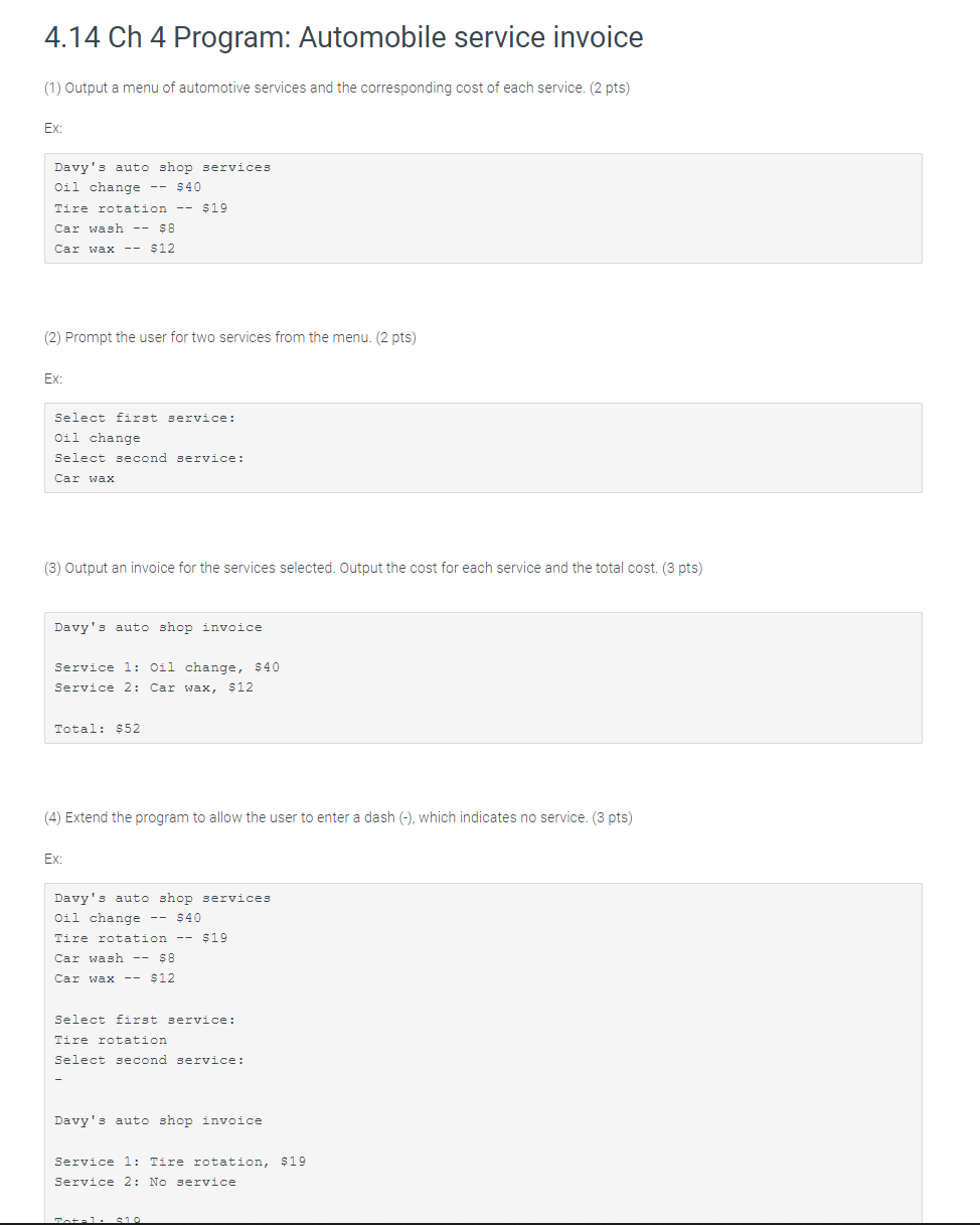 Solved 4.14 Ch 4 Program: Automobile service invoice (1) | Chegg.com