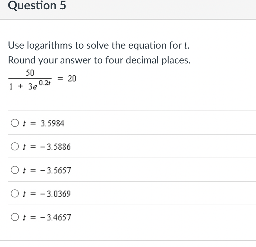 Solved Question 5 Use logarithms to solve the equation for | Chegg.com