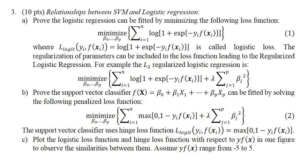 3. (10 pts) Relationships between SVM and Logistic | Chegg.com