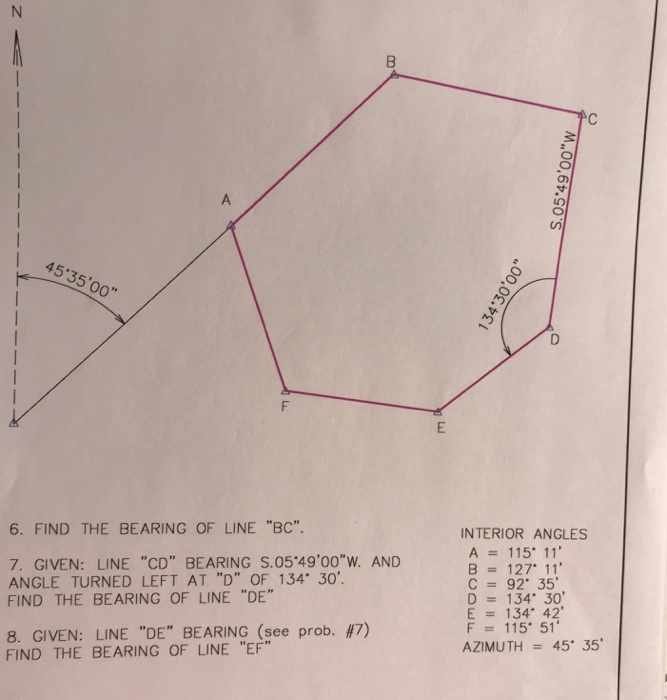 Solved 45'35'00" 6. FIND THE BEARING OF LINE "BC" INTERIOR | Chegg.com