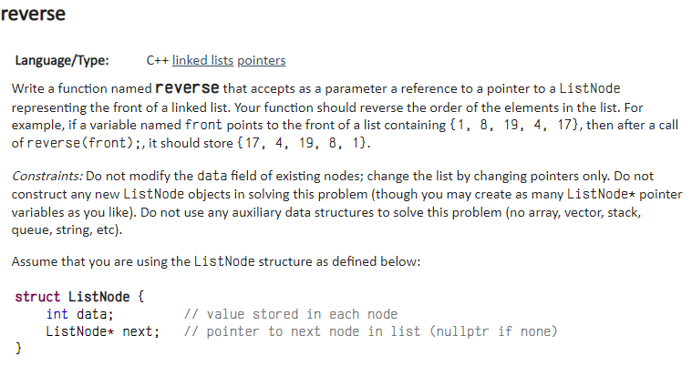 Solved reverse Language/Type: C++ linked lists pointers | Chegg.com