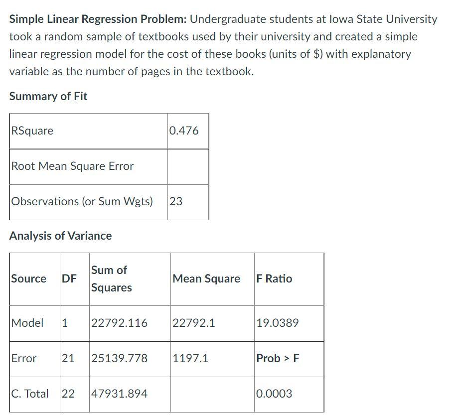Solved Simple Linear Regression Problem: Undergraduate | Chegg.com