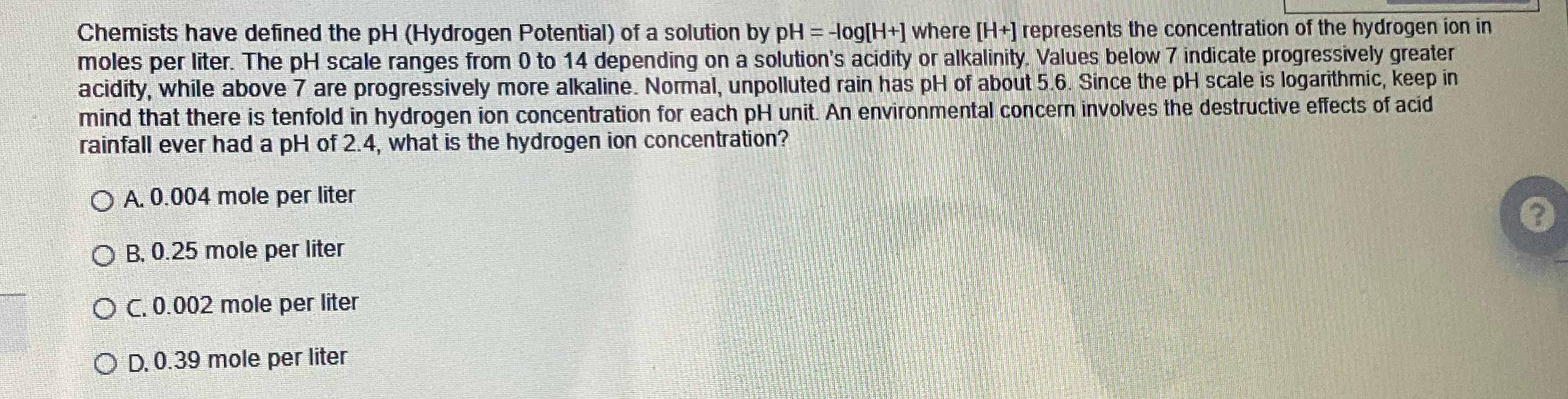 Solved Chemists have defined the pH (Hydrogen Potential) of | Chegg.com