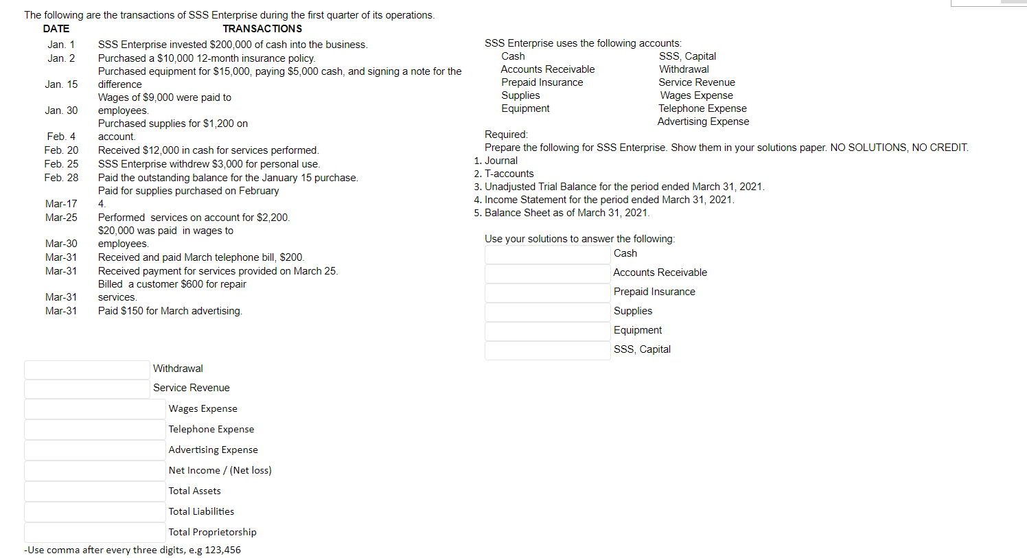 Solved The following are the transactions of SSS Enterprise | Chegg.com
