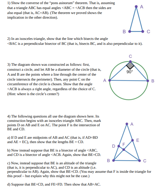 Solved 1) Show the converse of the "pons asinorum" theorem. | Chegg.com