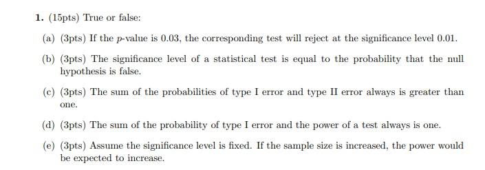 Solved 1. (15pts) True or false: (a) (3pts) If the p-value | Chegg.com