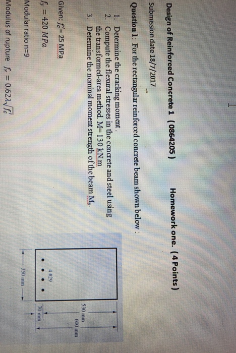 Solved For the rectangular reinforced concrete beam shown | Chegg.com