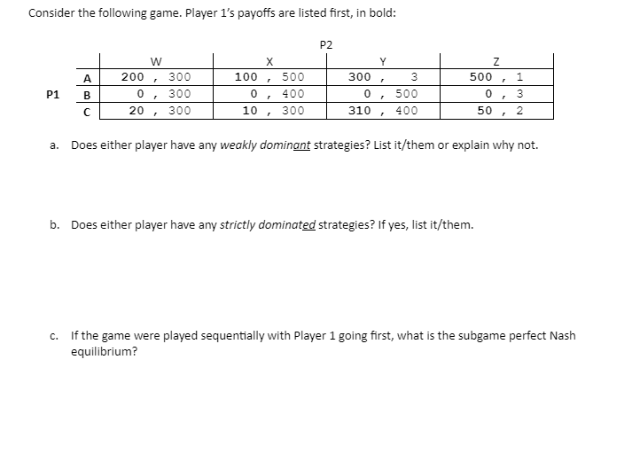 Consider the following game. Player 1's payoffs are | Chegg.com