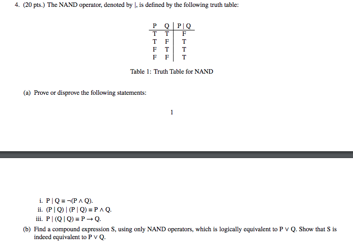 Solved 4. (20 pts.) The NAND operator, denoted by I, is | Chegg.com