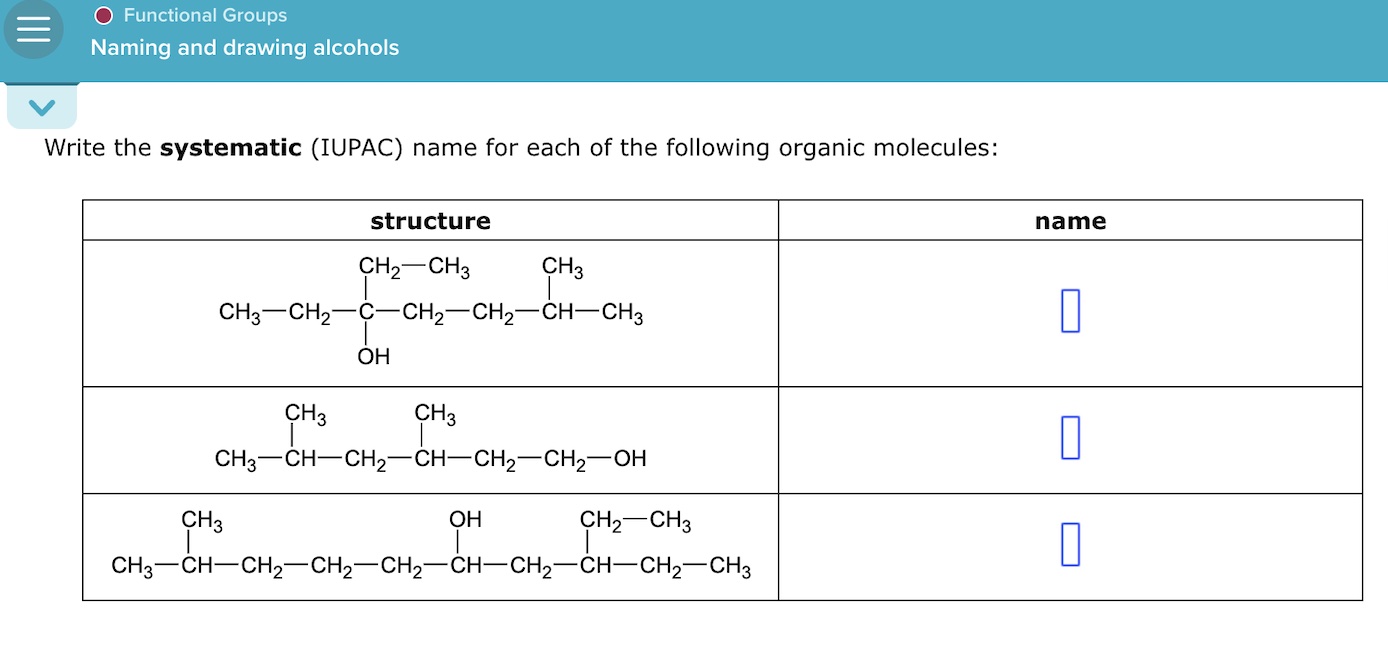 Solved Functional GroupsNaming and drawing alcoholsWrite the | Chegg.com