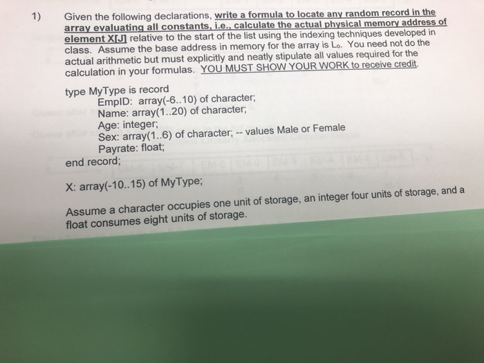 Solved 1) Given the following declarations, write a formula | Chegg.com