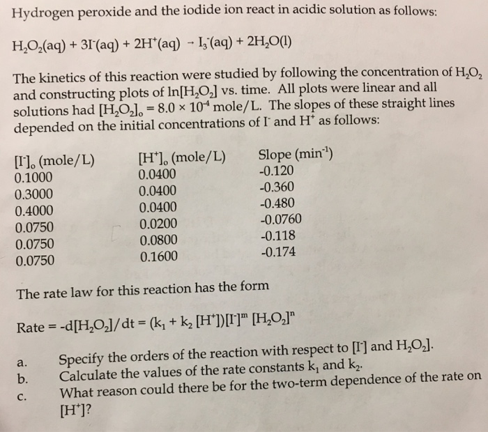 Solved Hydrogen peroxide and the iodide ion react in acidic | Chegg.com