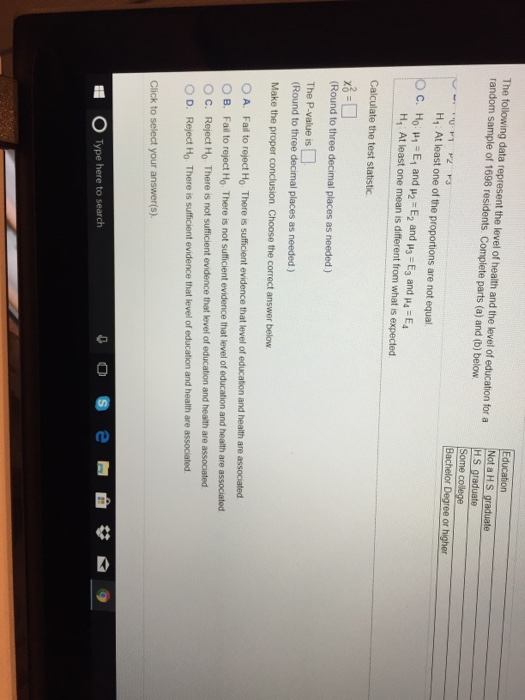 Solved The following data represent the level of health and | Chegg.com