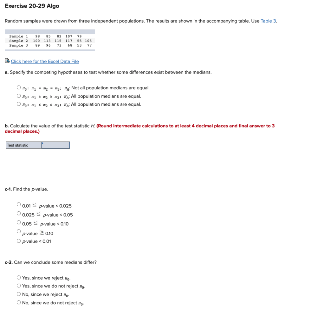 Solved Exercise 20-29 Algo Random samples were drawn from | Chegg.com