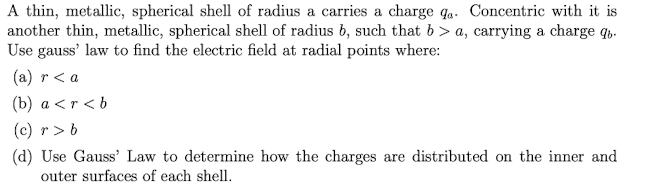 Solved A thin, metallic, spherical shell of radius a carries | Chegg.com