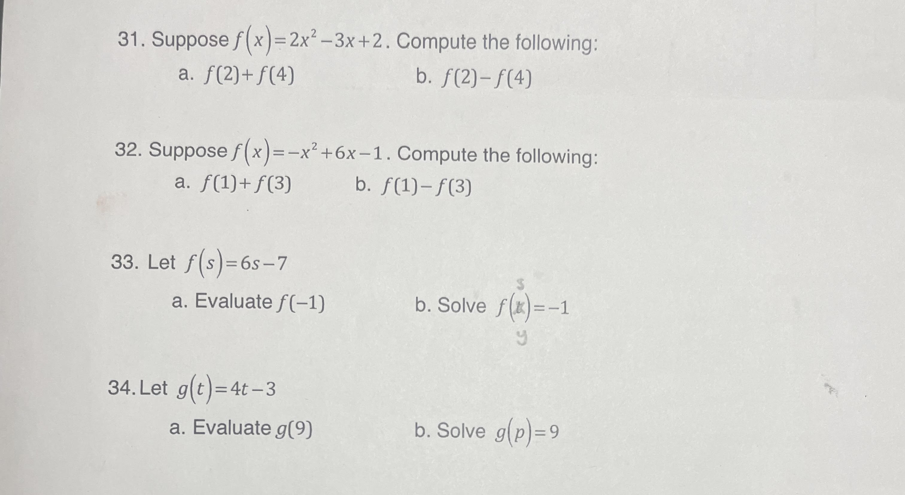 Solved 31. Suppose f(x)=2x2−3x+2. Compute the following: a. | Chegg.com