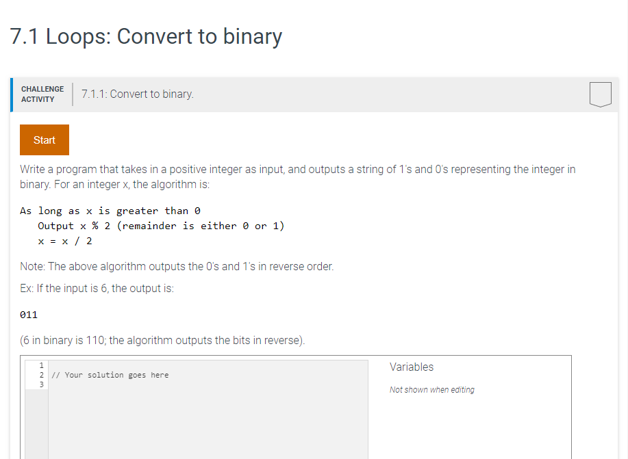 Solved: 7.1 Loops: Convert To Binary CHALLENGE E 711. Conv... | Chegg.com Solved: 7.1 Loops: Convert To Binary CHALLENGE E 711. Conv... | Chegg.com