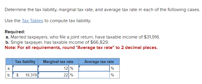 Solved Determine the tax liability, marginal tax rate, and | Chegg.com