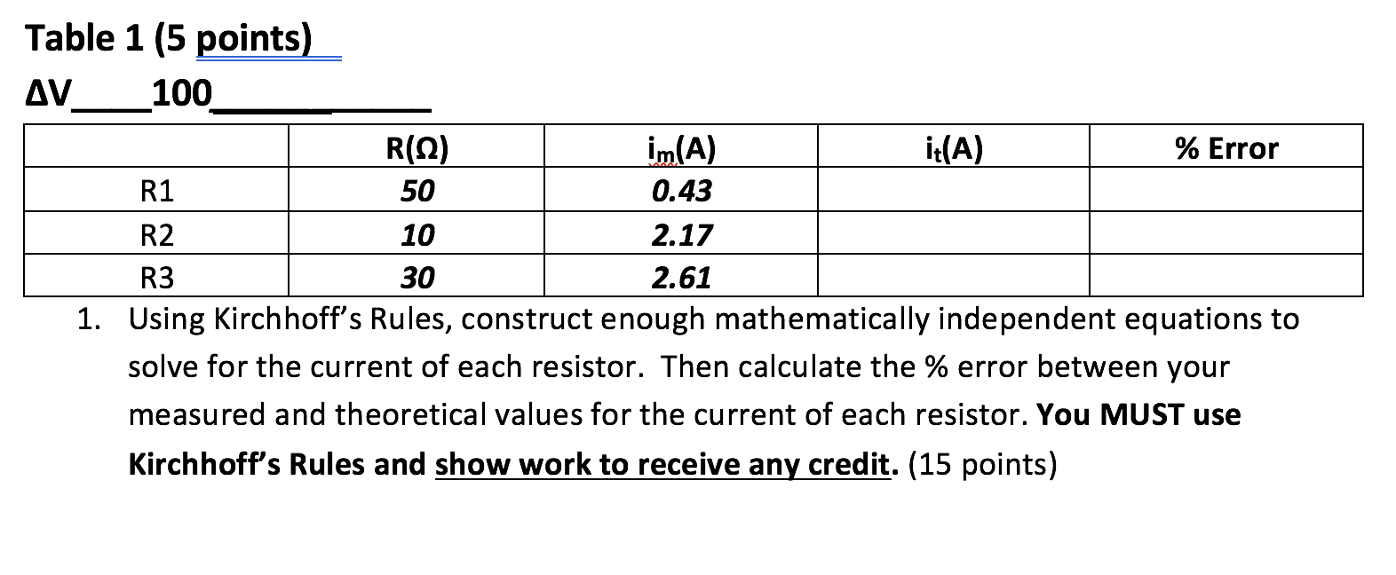 Solved R1 mu R2 wa V1. R3 Lw + Table 1 (5 points) AV 100 | Chegg.com