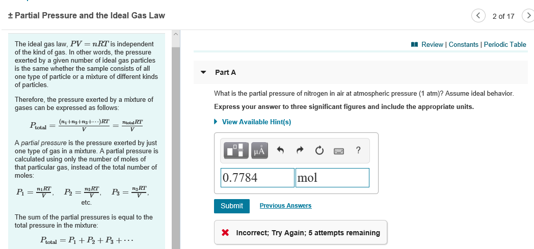 Solved + Partial Pressure and the Ideal Gas Law 2 of 17 > | Chegg.com