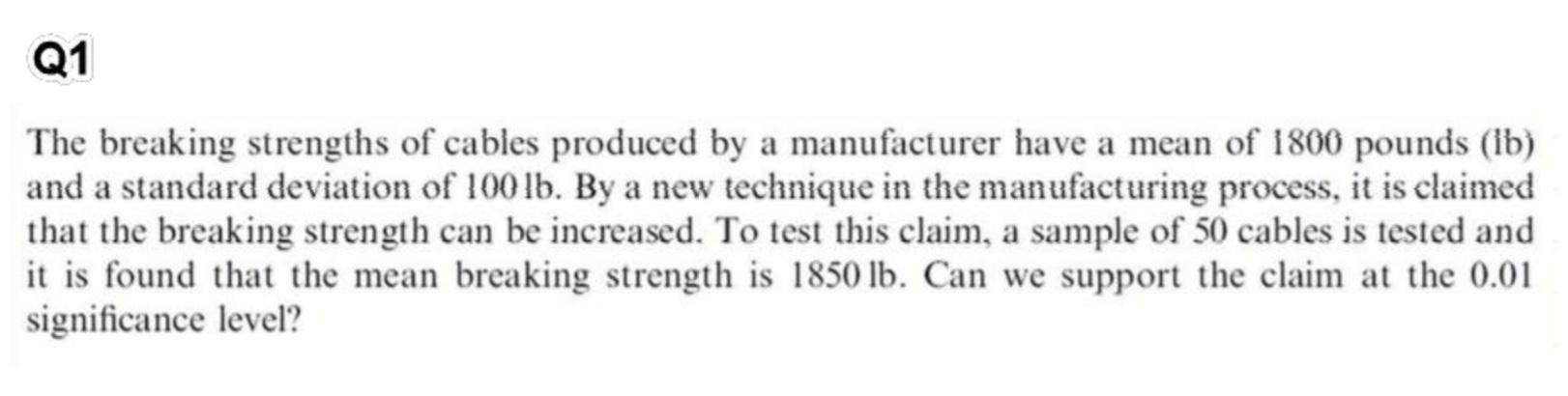 Solved Q1 The breaking strengths of cables produced by a | Chegg.com